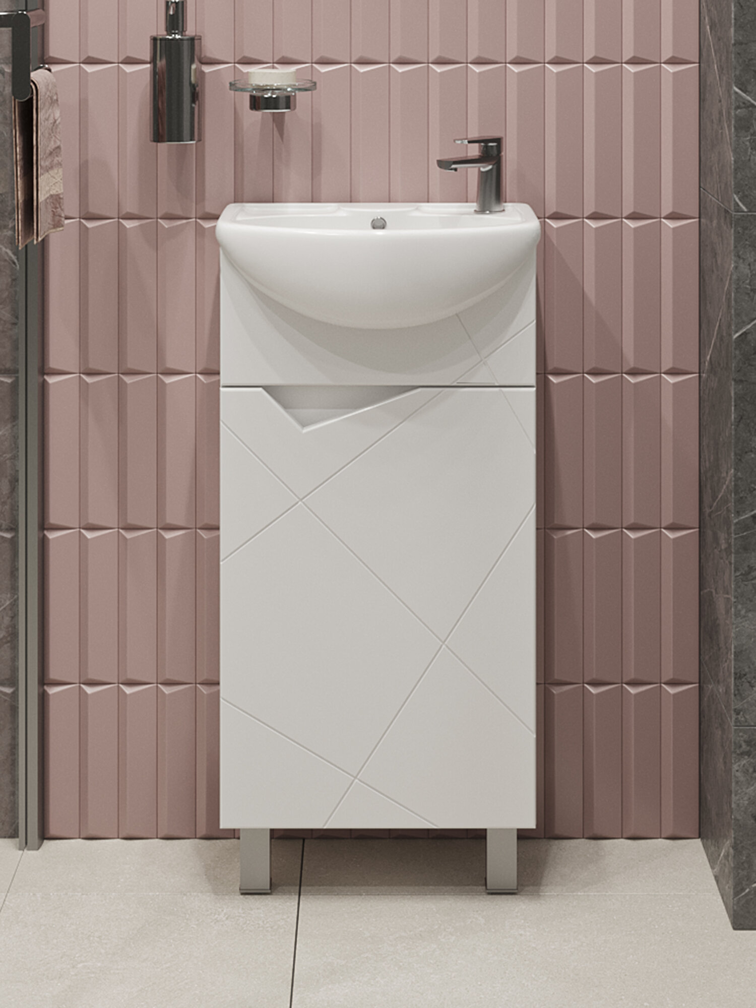 Тумба напольная SanStar Каскад 40 с раковиной Азов 40 для ванной комнаты, белая