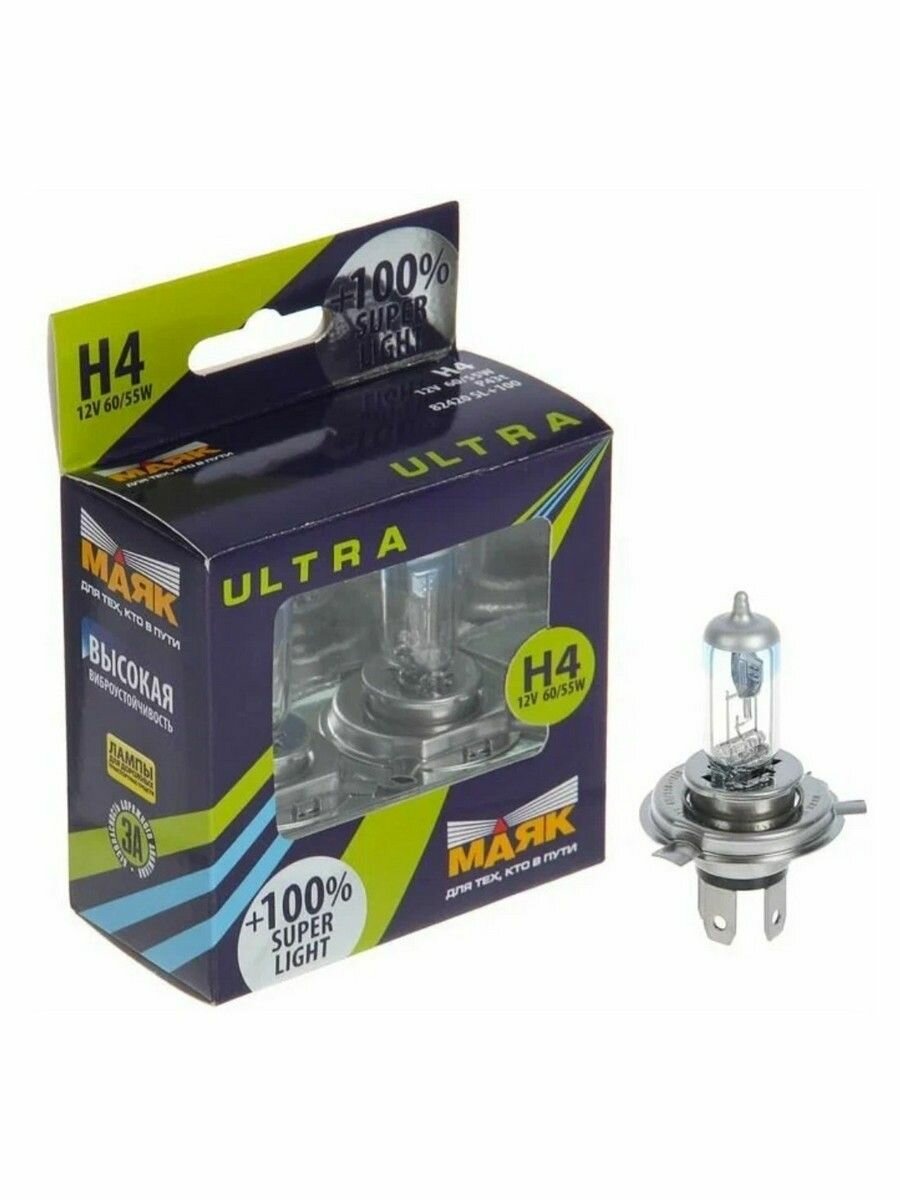 Лампа галогеновая головного света H4 P43t Ultra 12V Super Light +100% (2 шт.), Маяк 82420SL100