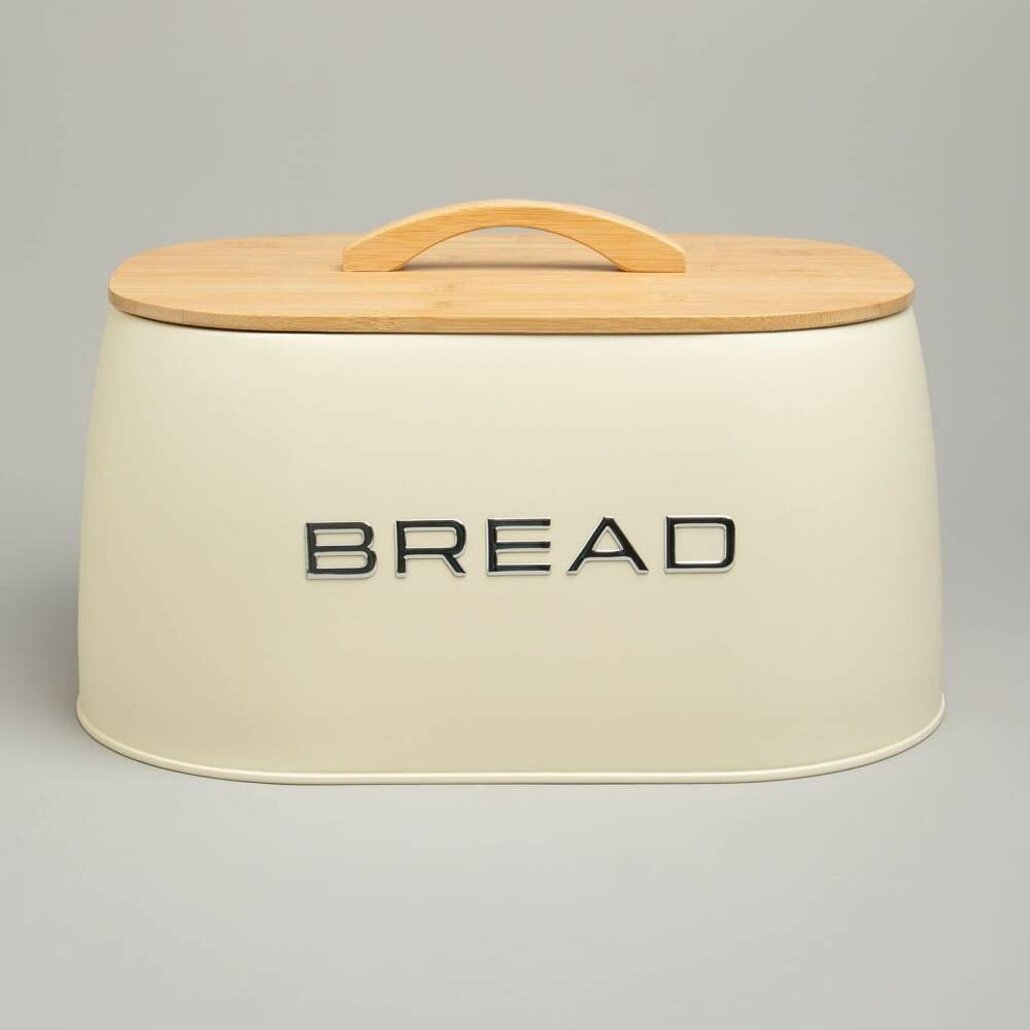 Хлебница сохраняет свежесть хлеба, бежевый, стальная, объём 33.5×23.5×15.5см, бамбуковая крышка, подарочная коробка
