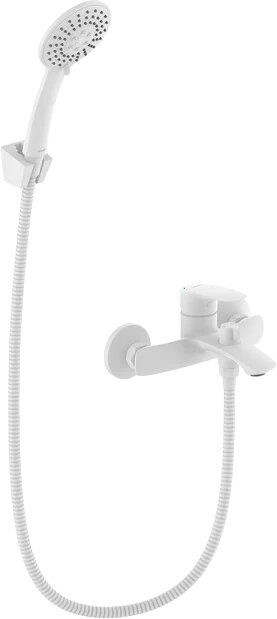 Смеситель для ванны с душем Milardo Rora RORWT00M02 с душевым гарнитуром, настенный, однорычажный, белый, матовый, латунный, с керамическим картриджем