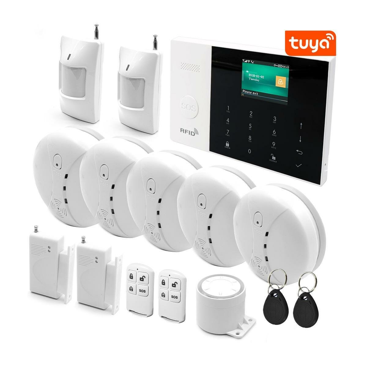 Комплект: автоматическая пожарная TUYA GSM / Wi-Fi сигнализация Страж Шериф-GSM-14 (WiFi) (K6582RU) 14 радиоканальными датчиками в комплекте для квар