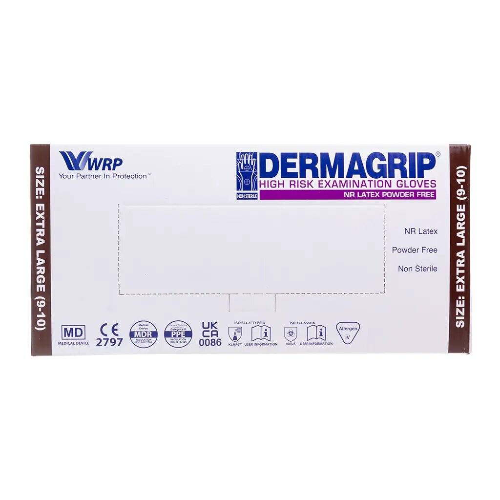 Перчатки латексные неопудренные Dermagrip HIGH RISK р-р XL 50 шт
