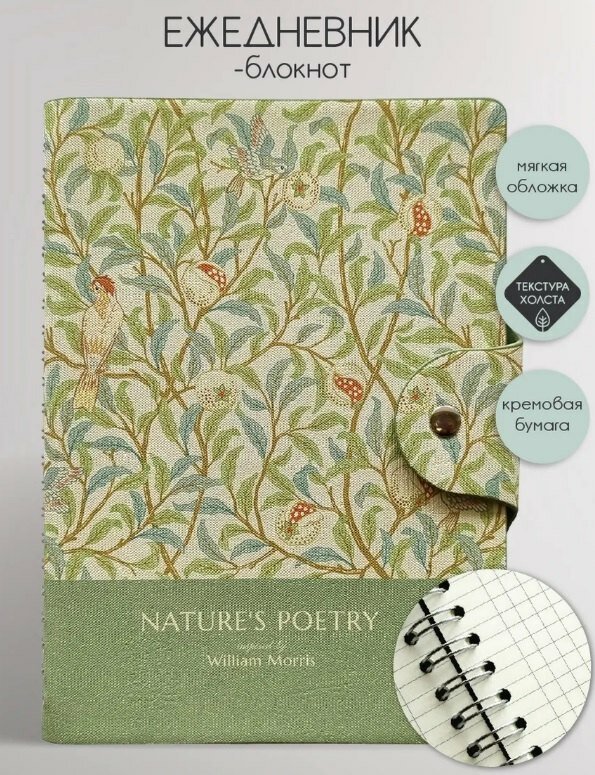 Бизнес-тетрадь А5 96л 140x200 мм "Poesy. Птицы" иск. кожа, мягк. переплет, полускр. спираль, клапан на кнопке, клетка, тонир. блок, скругл. углы