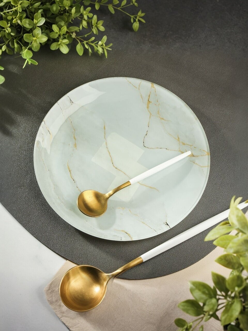 Тарелка десертная, стекло, 18 см, круглая, Флюид, Daniks, мрамор