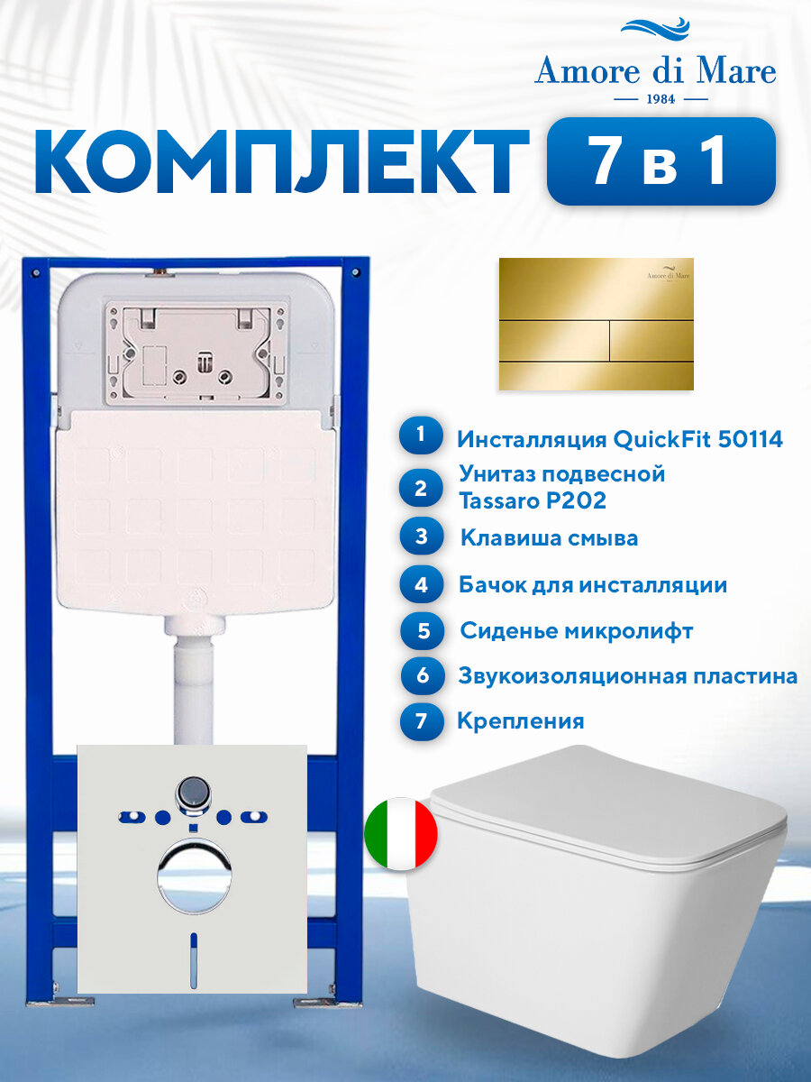 Инсталляция с подвесным унитазом Amore di Mare 6 в 1: инсталляция QuickFit 50114, унитаз Tassaro P202+сиденье микролифт, кнопка золото 404G