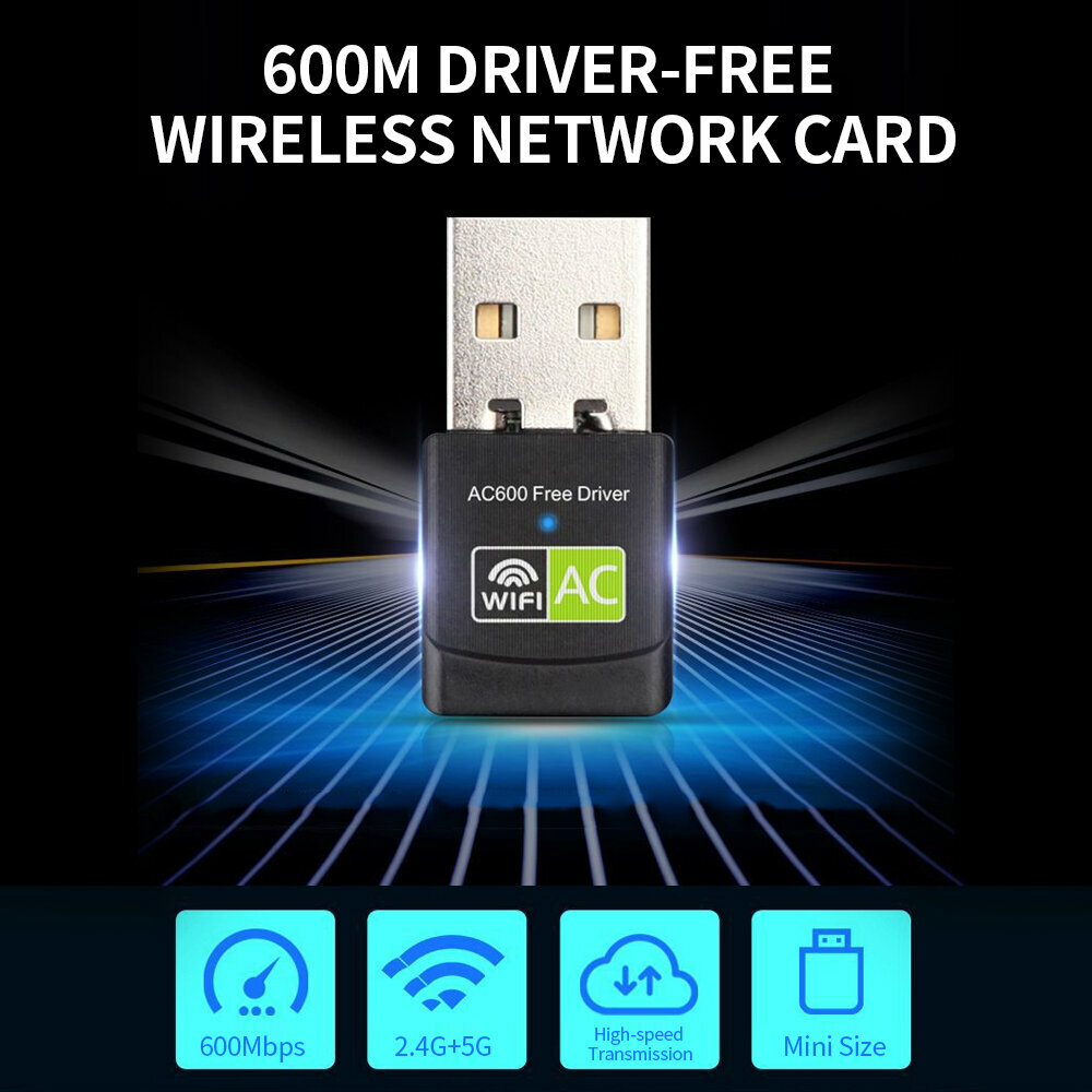 Беспроводная сетевая карта 600 Мбит/с без драйверов, двухдиапазонная (2,4 ГГц + 5 ГГц), USB-адаптер Wi-Fi для ПК и ноутбуков.