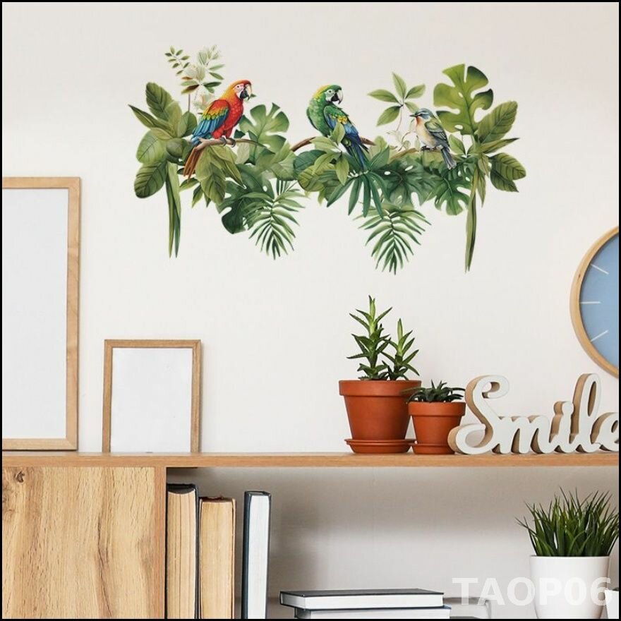 Самоклеящиеся наклейки "Тропический попугай" съемный ПВХ декор, листья, для стен/дверей/зеркал