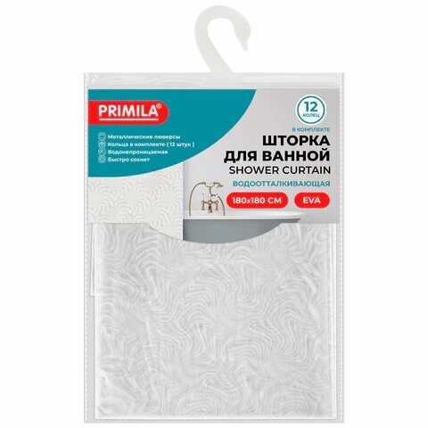 Шторка для ванной EVA, 180х180см, кольца в комплекте, белая голография, PRIMILA, 700102