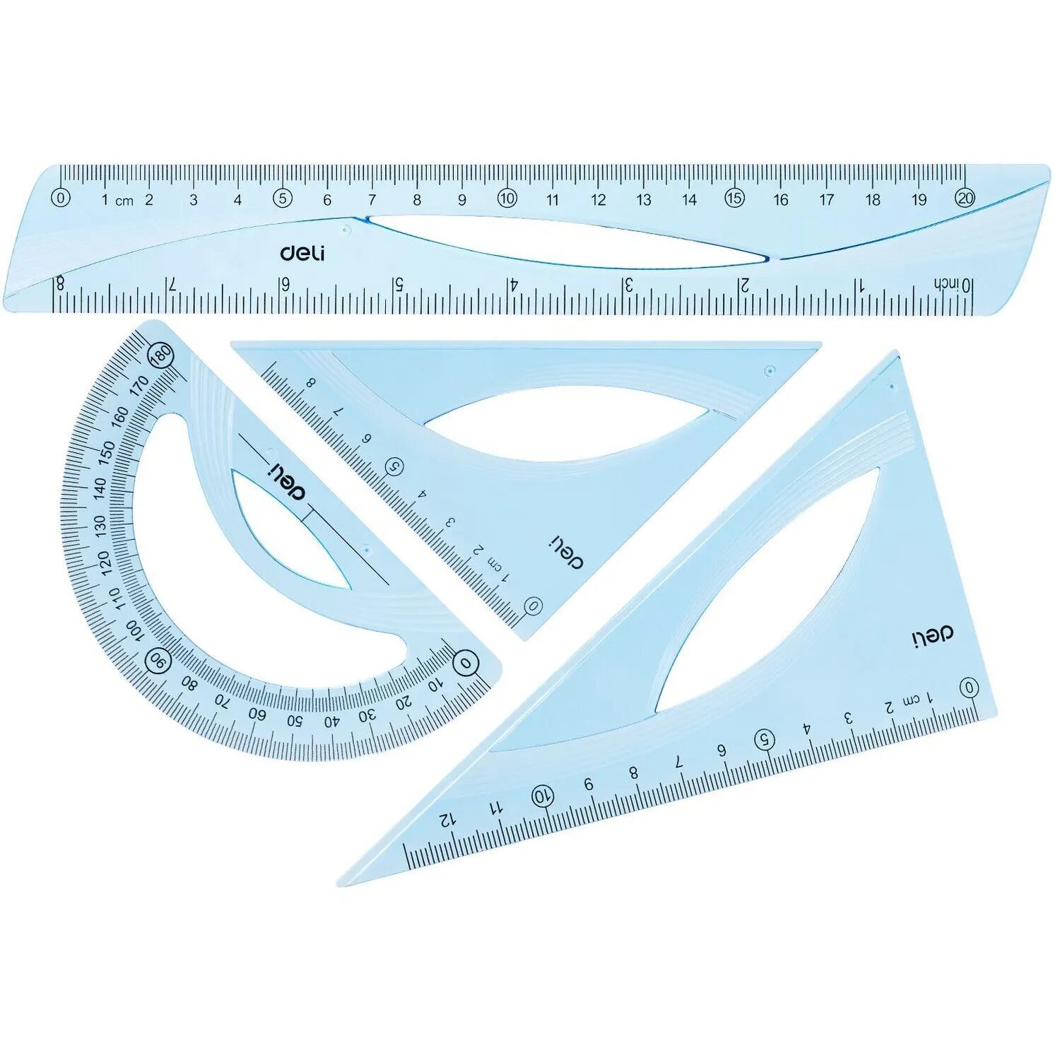 Набор чертежный Deli EH12 средний: лин 20см, угольн 13 и9см, трансп 12см, голуб