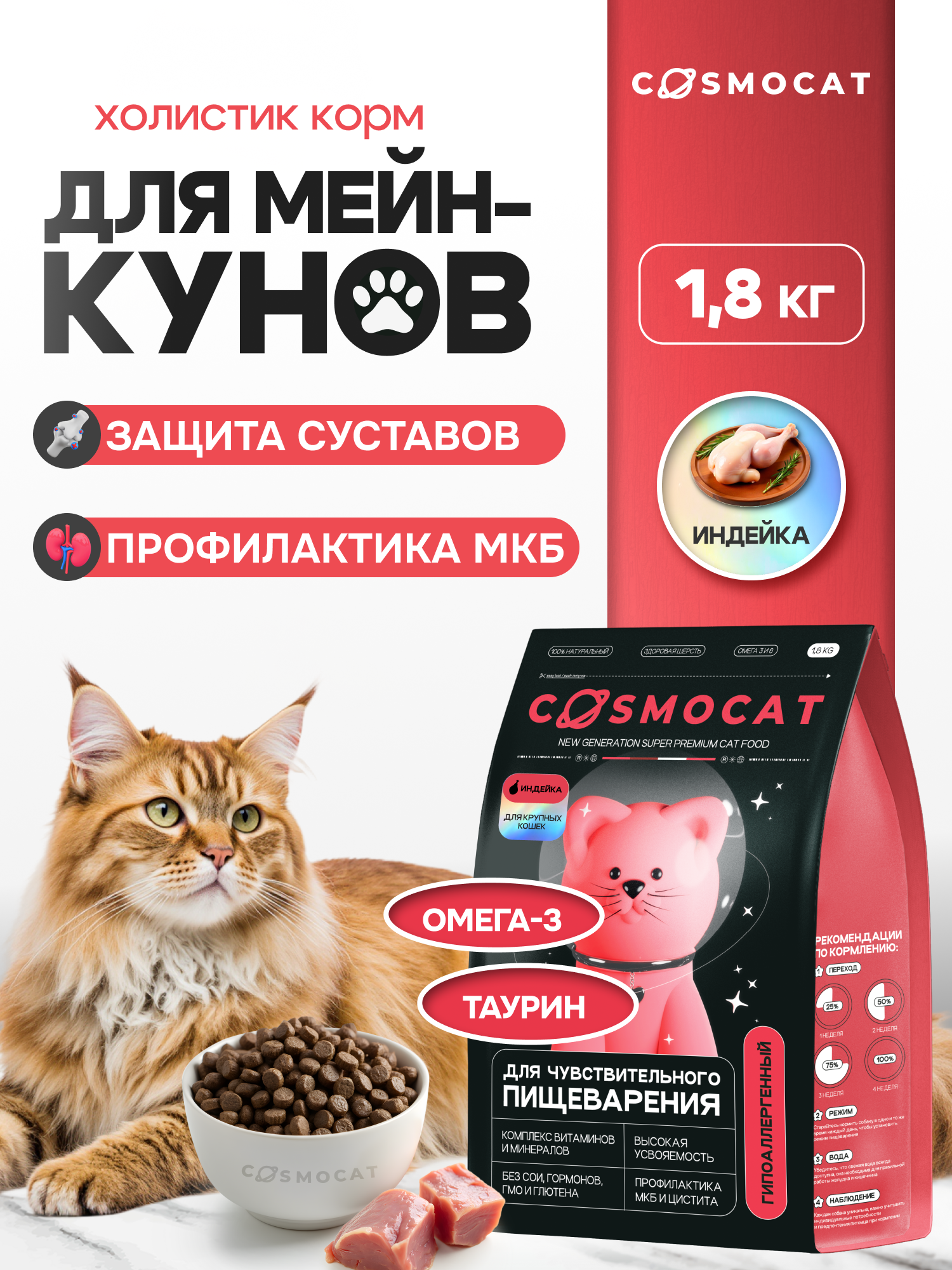 Корм для кошек и котов породы Мейн-Кун сухой Cosmocat гипоаллергенный с индейкой 1,8 кг премиум класса