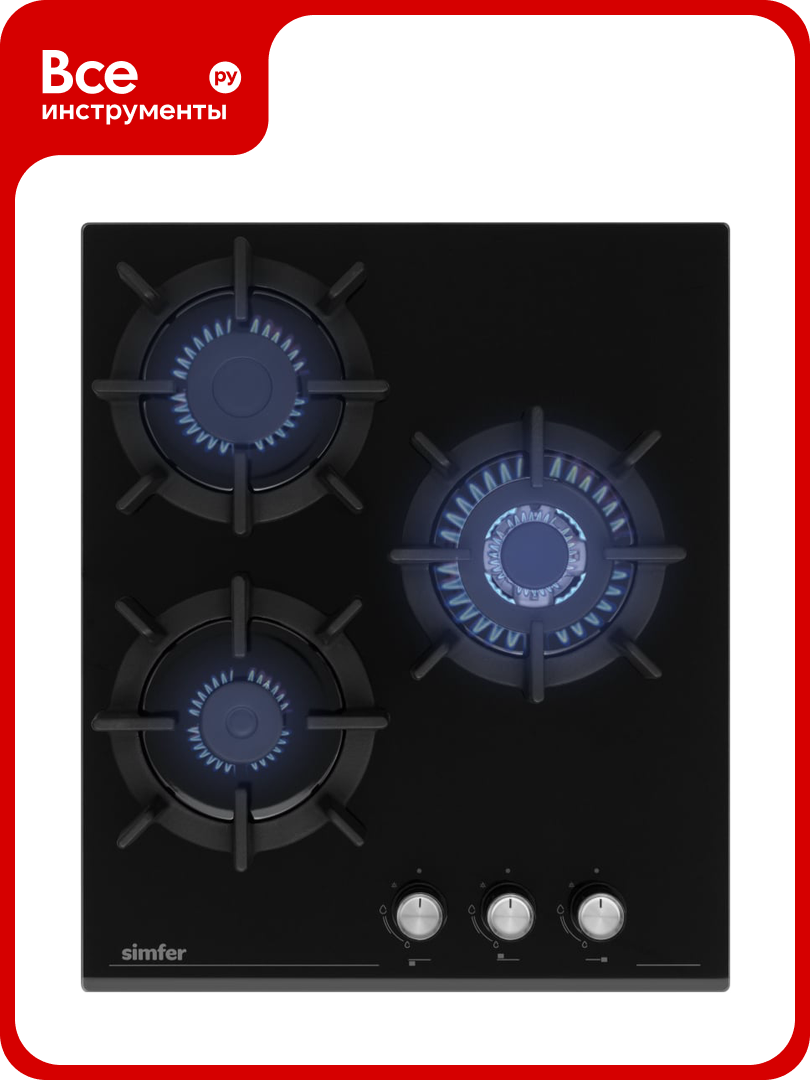 Газовая варочная поверхность SImfer газ-контроль, WOK конфорка, черное стекло H45N35B571