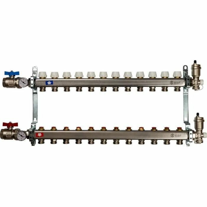Коллектор STOUT с запорными клапанами, в сборе без расходомеров, 12 вых.