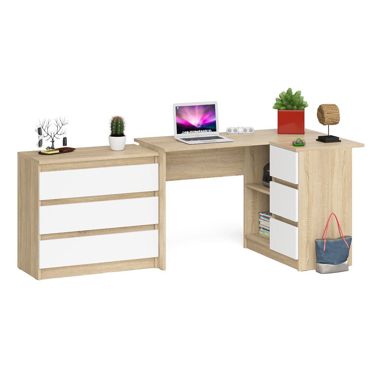 Угловой компьютерный стол для дома 205см дуб сонома/белый Спасибо-Мебель
