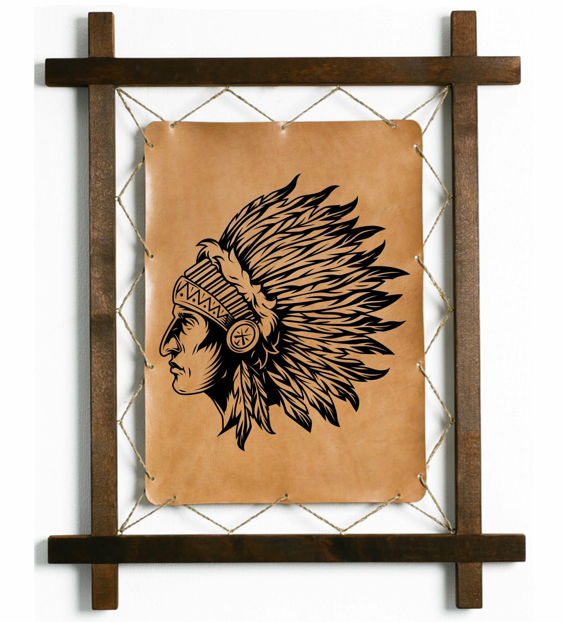 Картина интерьерная, натуральная кожа, "Индеец-вождь", в деревянной раме, BoomGift