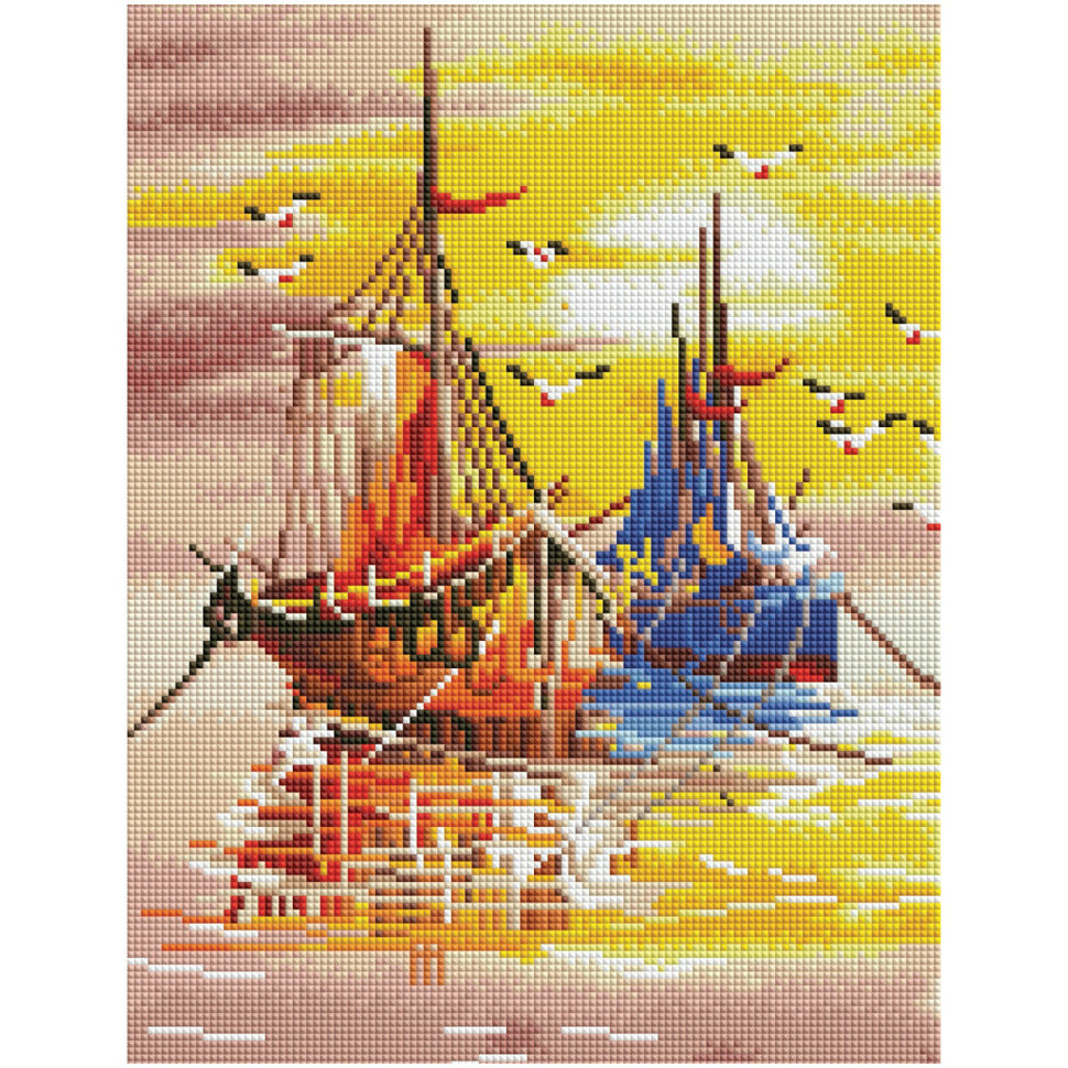 Алмазная мозаика ТРИ совы "Закат на море", 30*40см, холст на деревянном подрамнике, картонная коробка с пластиковой ручкой, 357118