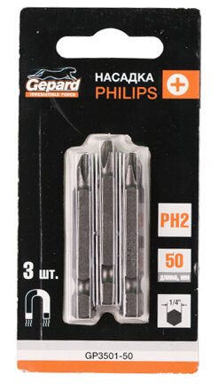 Бита для шуруповерта магнитная PH2 50 мм GEPARD 3 штуки (GP3501-50)