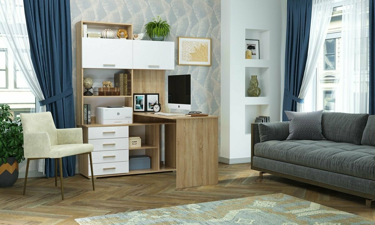 Компьютерный стол ПКС 11 правый, Сонома/Белый глянец, ЛДСП, с полками, ящиками, для гостиной, спальни, 1384х1870х570, памир