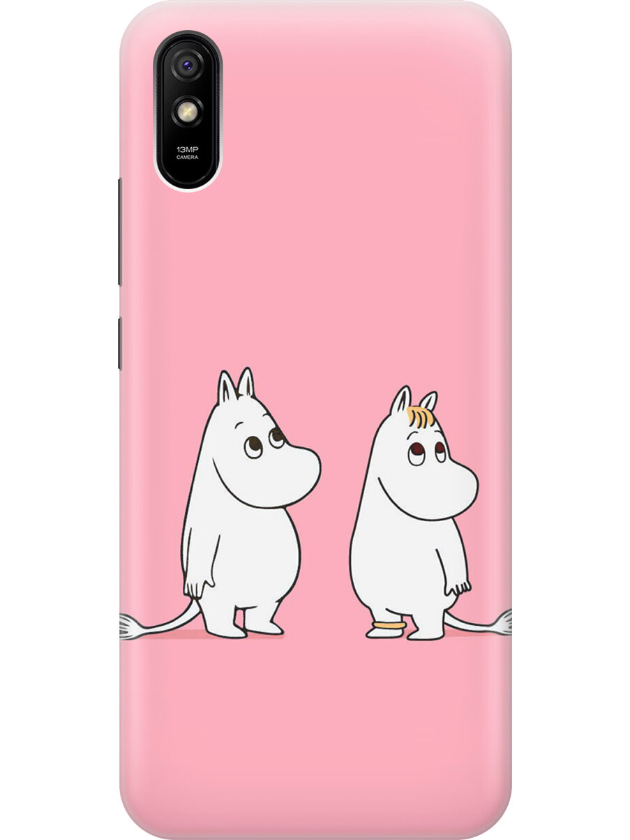 Силиконовый чехол на Xiaomi Redmi 9A, Сяоми Редми 9А с принтом "Муми-тролли на розовом"