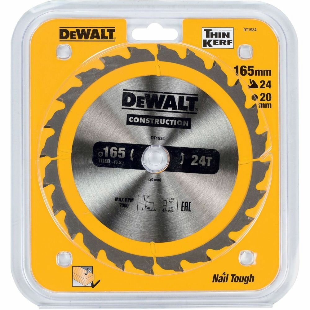 Пильный диск DEWALT CONSTRUCTION DT1934, 165/20 мм.