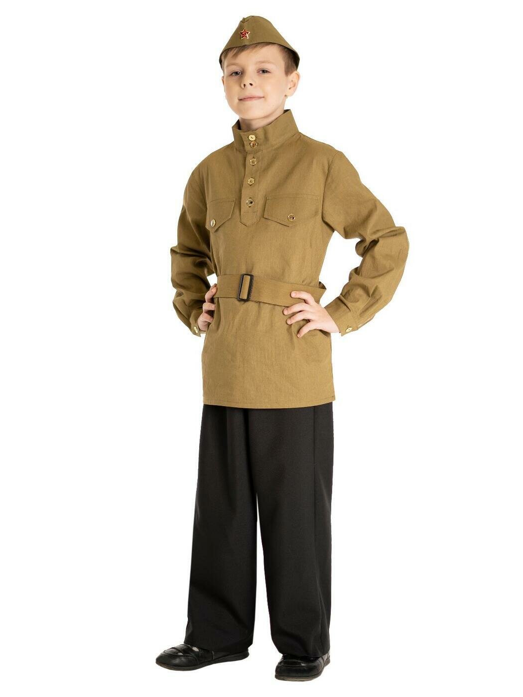 Военная гимнастерка с пилоткой и поясом для подростков р.152-158 (р.38-40) бязь, хаки
