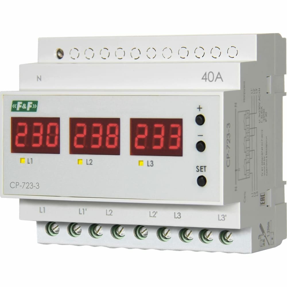 Трехфазное реле напряжения Евроавтоматика F&F cp-723-3 40А цифровая индикация EA04.009.022, защиты