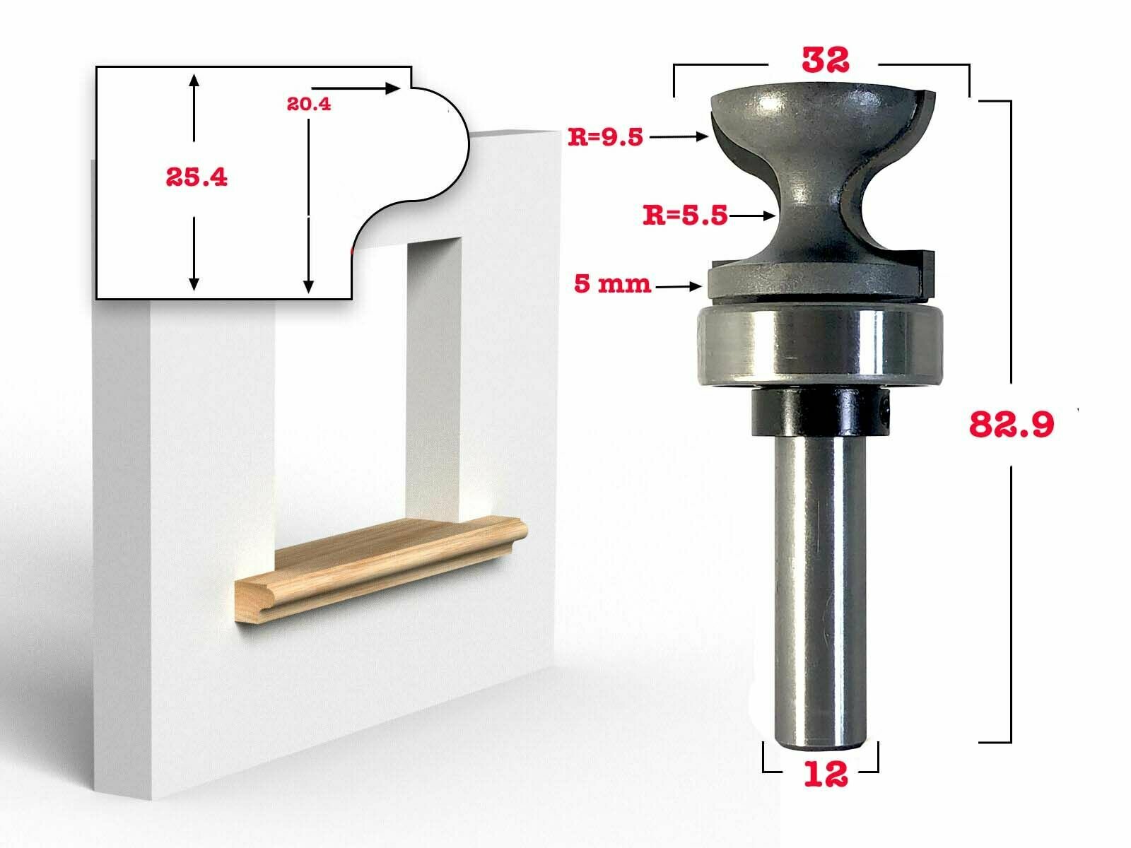 Фреза профильная подоконник R9,5 R1-5,5 D-32x25,4x82.9 S-12 Millcut 201204