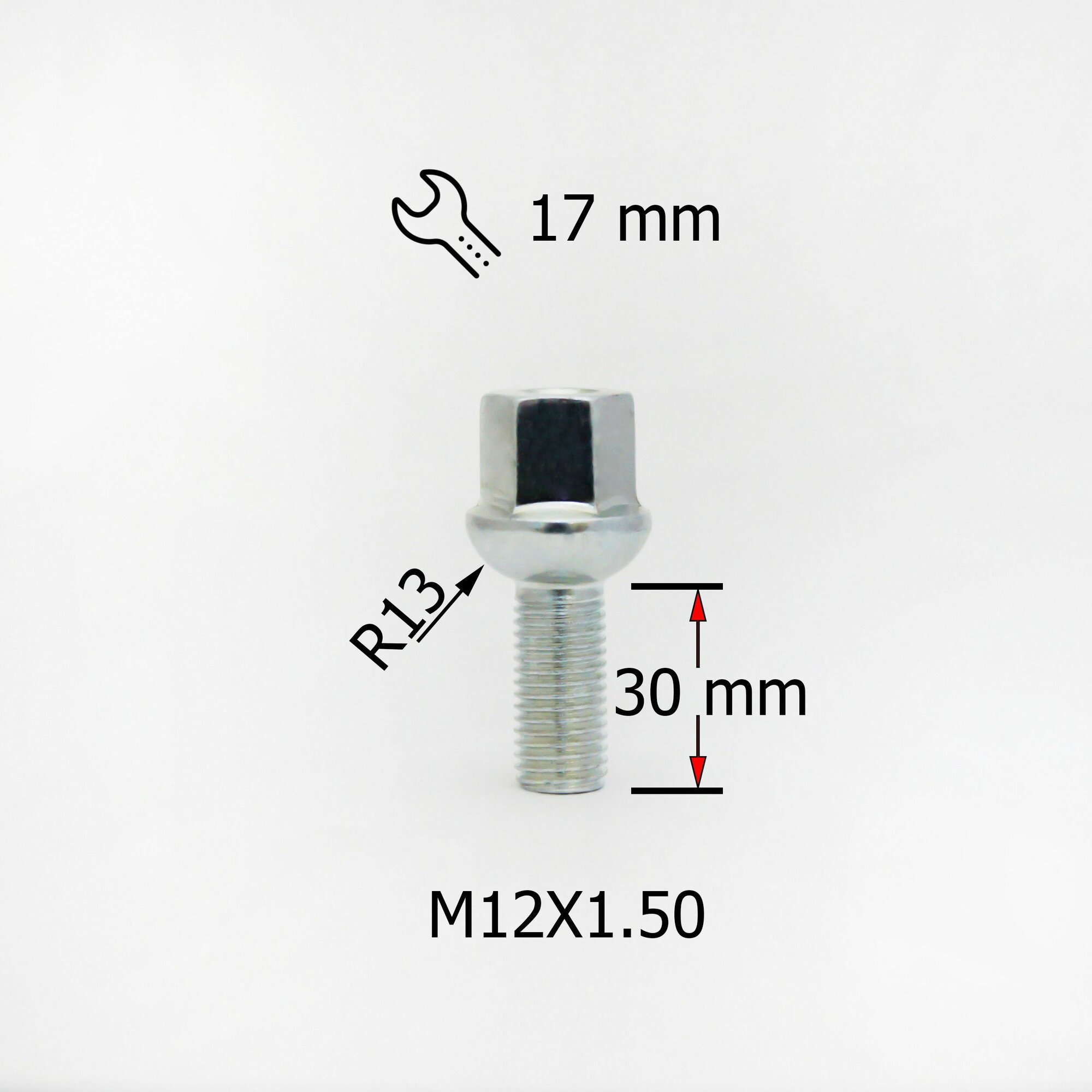 Болт колесный M12x1,5 длина резьбовой части 30мм, сфера, ключ 17мм, цинк