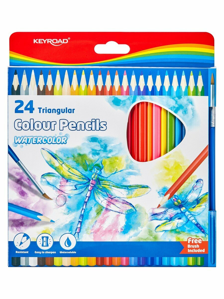 Акварельные цветные карандаши 24цв, трехгранные, с кисточкой