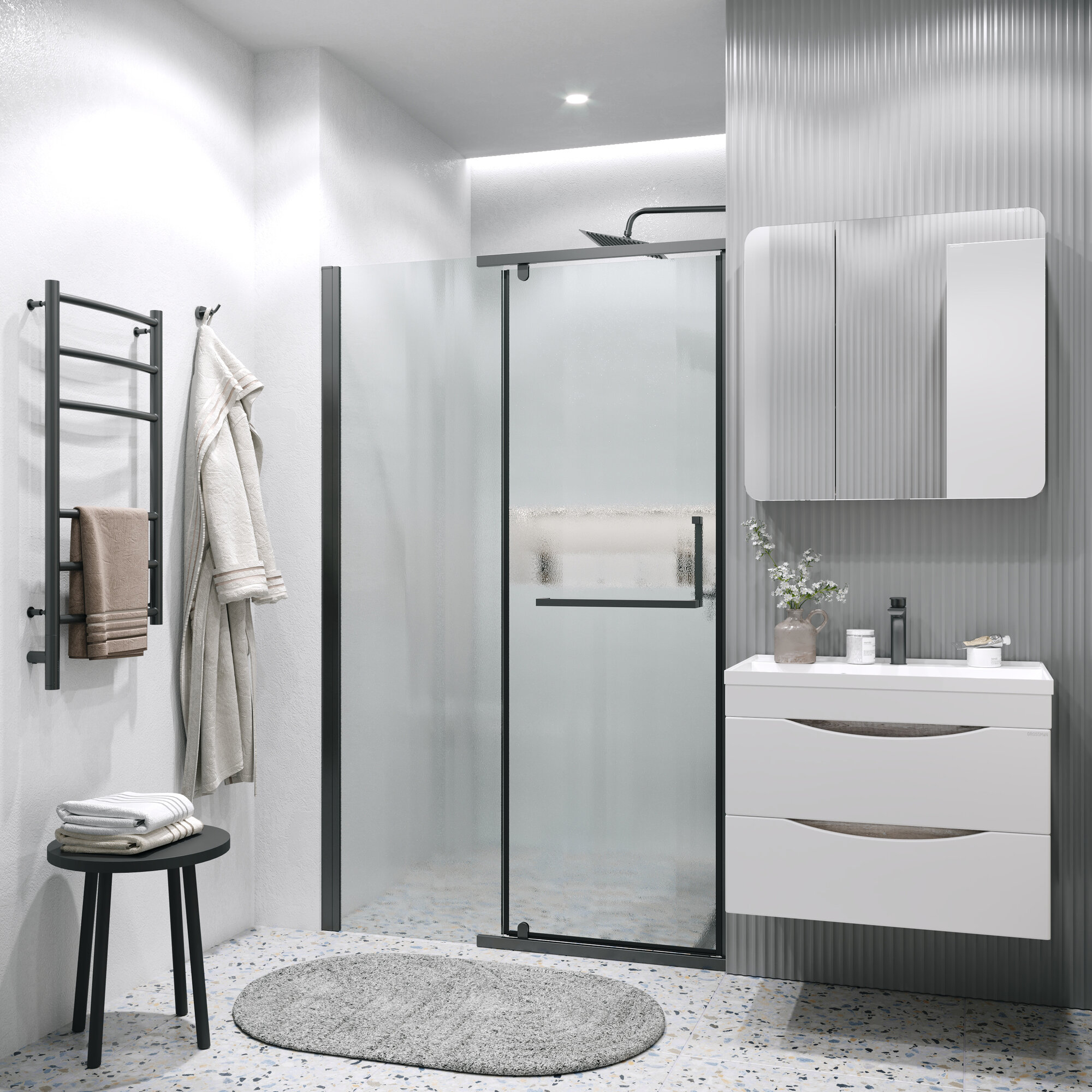 Дверь в нишу Grossman Pragma 100. K33.03.120.21.02 (120х195) черный матовый, стекло шиншилла, распашная, 1 место