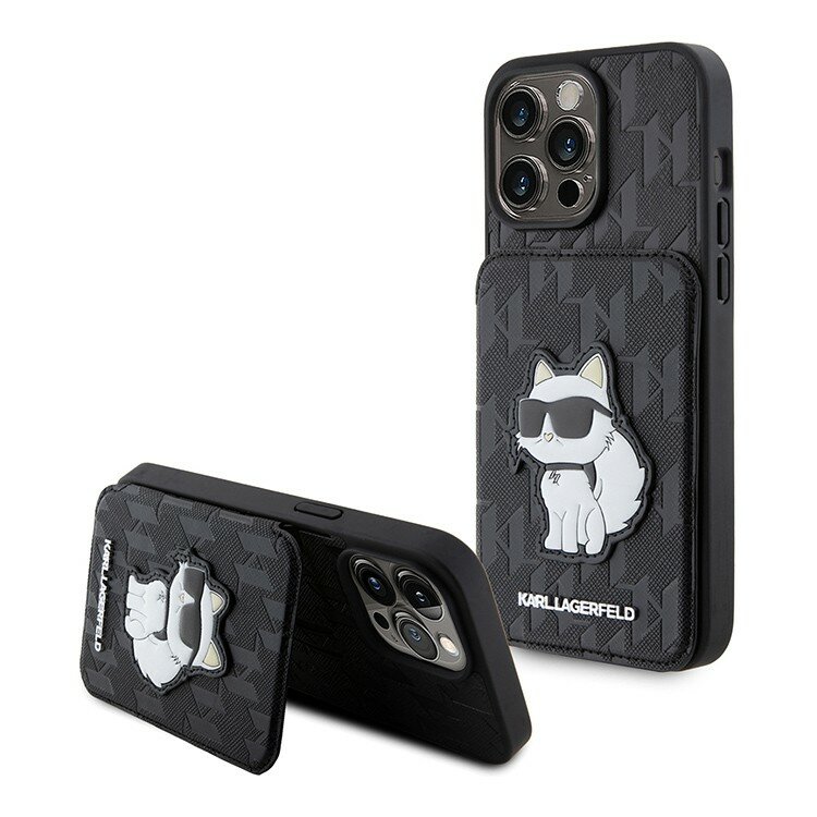 Karl Lagerfeld кожаный чехол с картхолдером для iPhone 14 Pro, Saffiano Monogram NFT Choupette черный