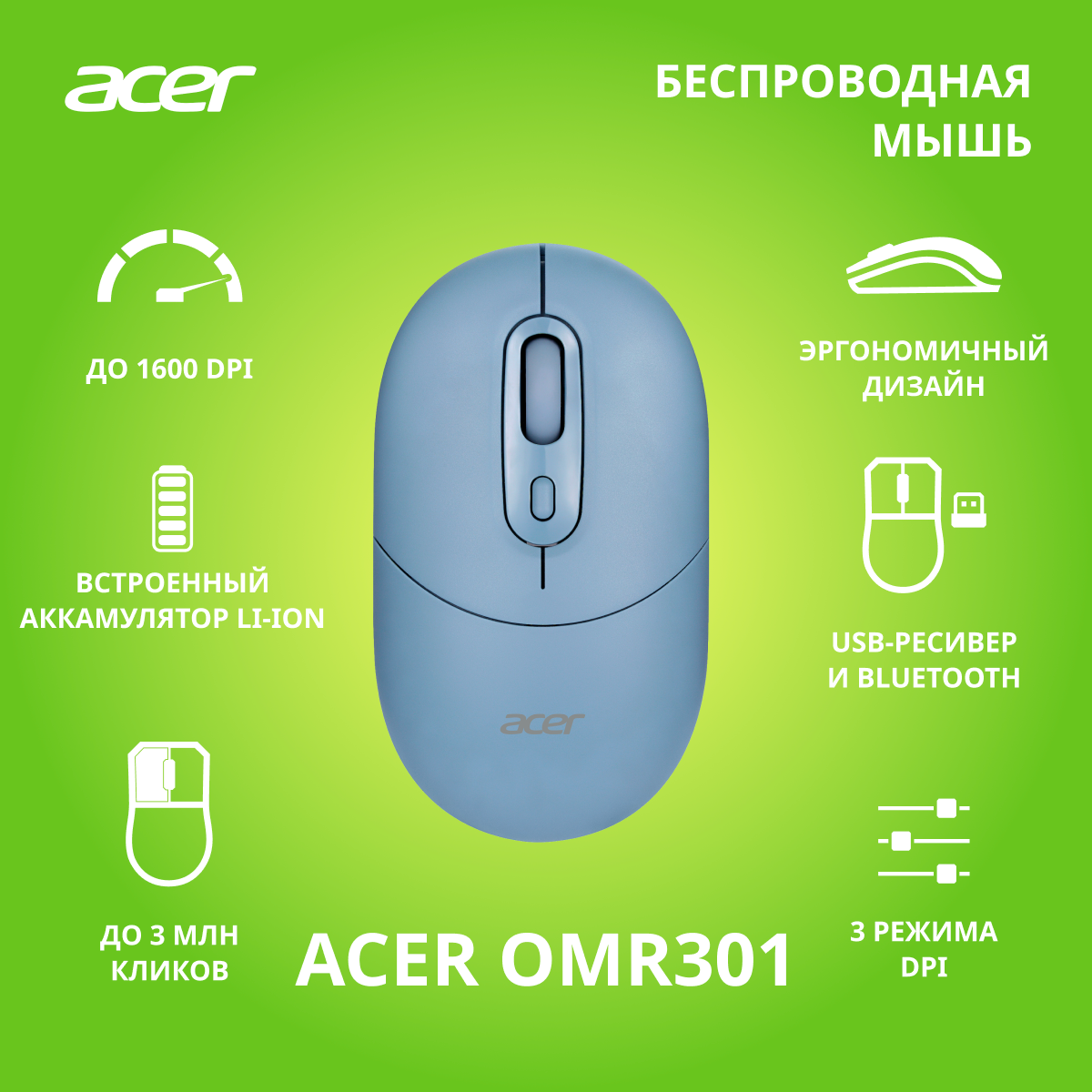 Мышь Acer OMR301 zl. mcecc.01s, беспроводная, оптическая, 1600dpi, синяя