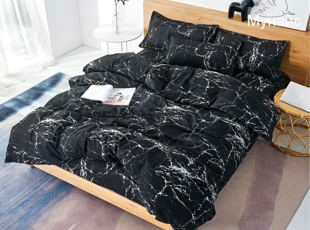 Комплект Постельного Белья Аланна 2х-Спальное Черный Мрамор / Двуспальное / простыня 160x200 / пододеяльник 180x220 / Наволочки 70x70-2
