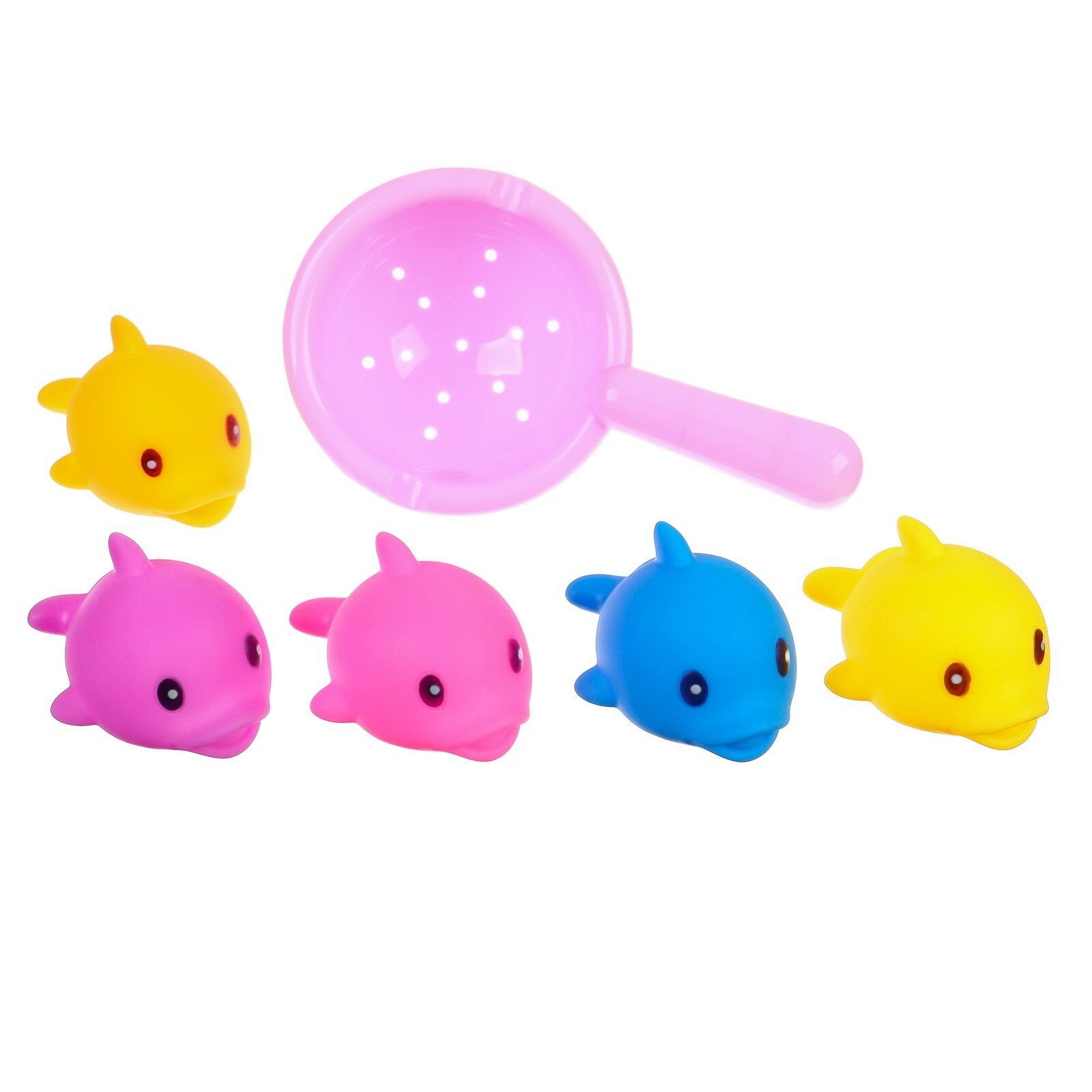 Набор резиновых игрушек для ванны «Поймай дельфина», 8 см, с пищалкой, 6 шт, сачок, Крошка Я