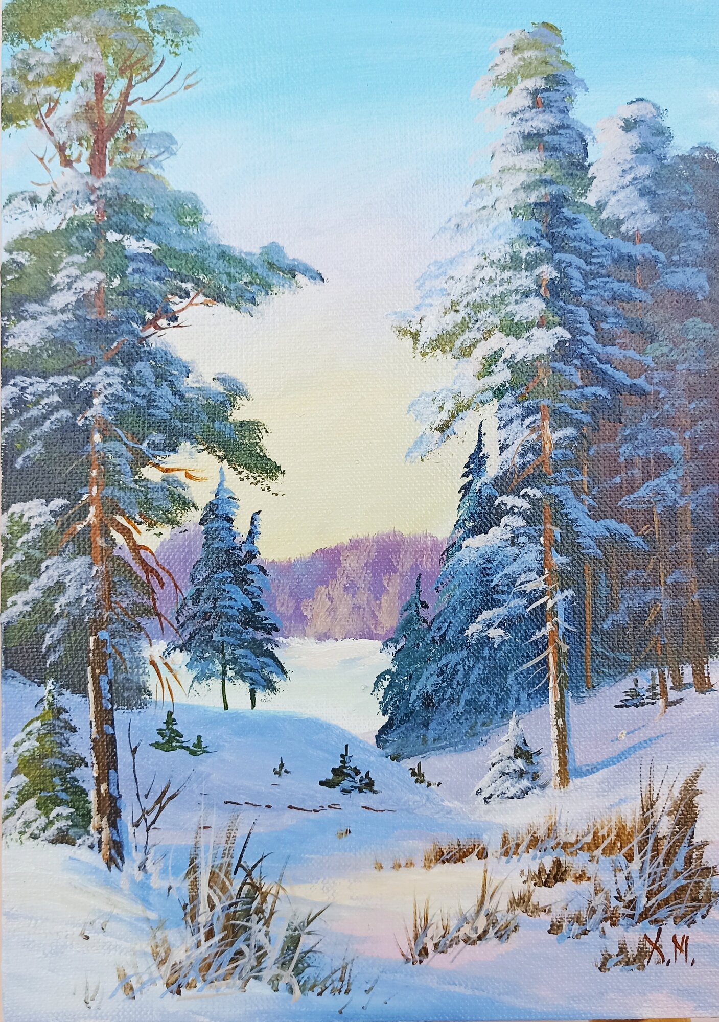 Картина масло/холст. 100% ручная работа, 100% живопись от Художественной мастерской Грëзы. Картина из серии "Зимние пейзажи". Сугробы. Сосны. Размер картины 20х30 см.