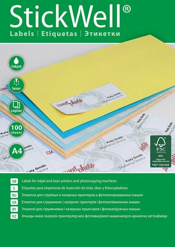 Этикетки StickWell А4 99,1х57,5 10шт на листе, 100 листов прямоугольные белые
