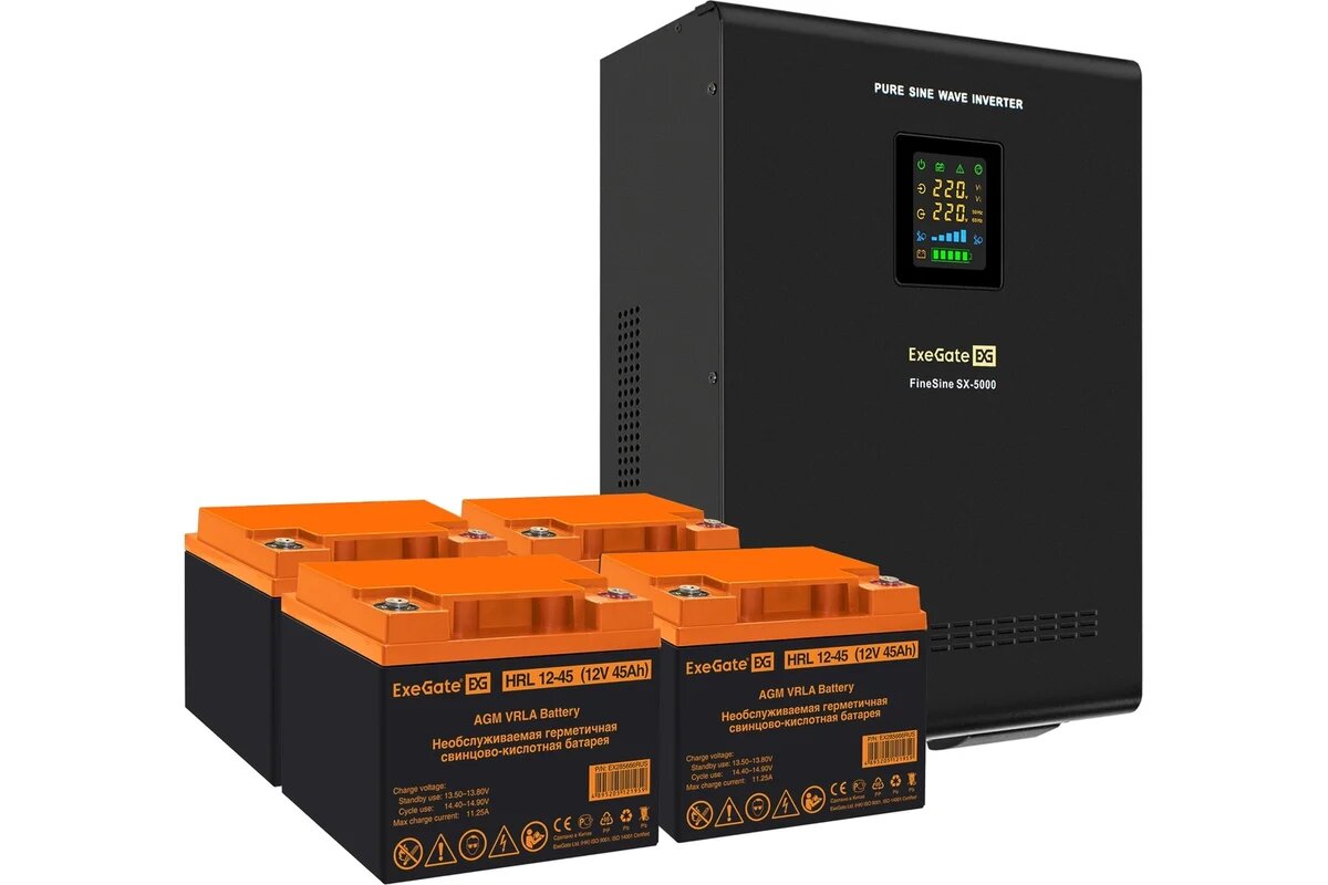 Комплект ИБП ExeGate FineSine SX-5000. LCD. AVR.2SH. T EX296004RUS + батарея 65Aч EX282982RUS 4шт