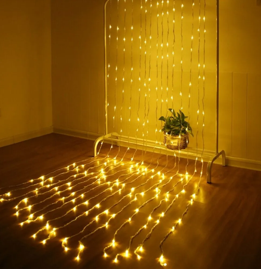Гирлянда-занавес водопад 3х2 метра, светодиодная, желтый, белый провод