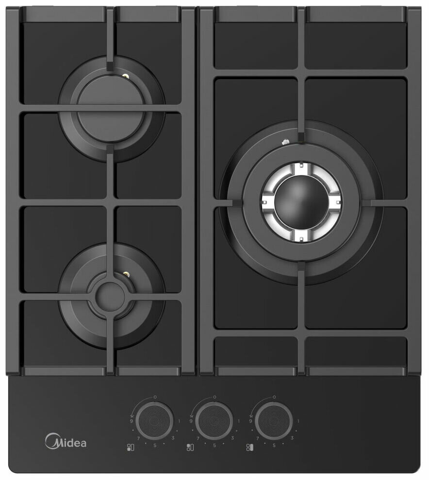 Варочная панель газовая Midea MG449TGB черное стекло, 51x45 см, 3 конф, WOK, чугун