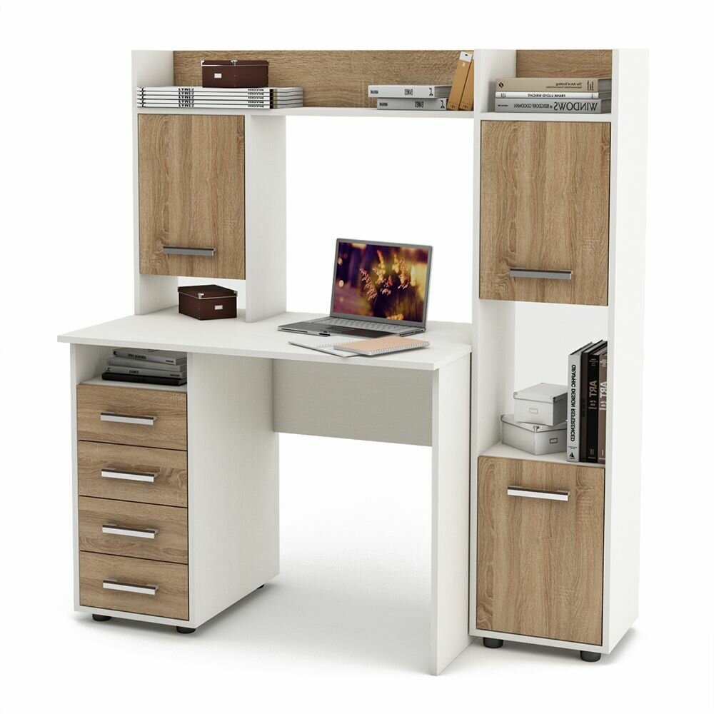Стол письменный, компьютерный и стеллаж Остин (Ливерпуль) 12 белое дерево/дуб сонома