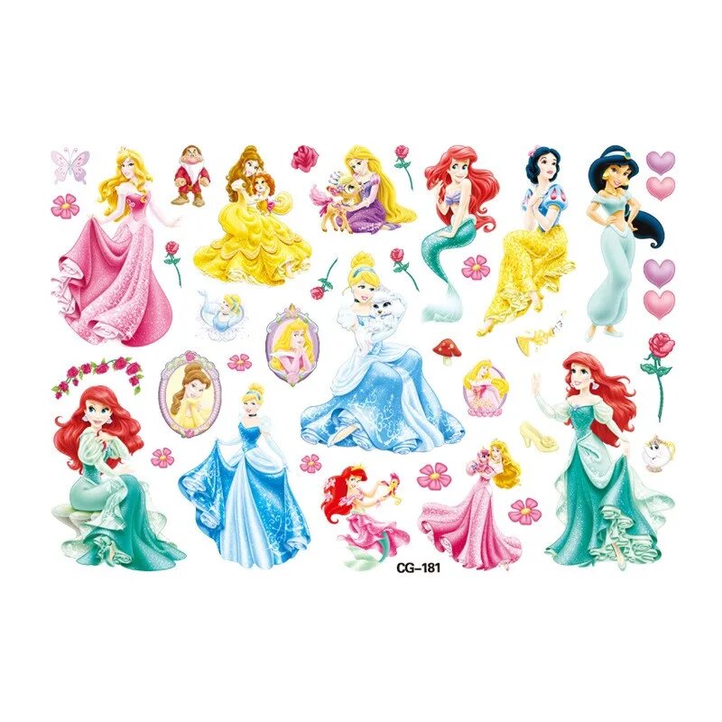 1 шт, наклейка-Татуировка Принцессы Disney, Белоснежка, фигурка Белль Ариэль, наклейка, игрушка для девочек, детский подарок на день рождения