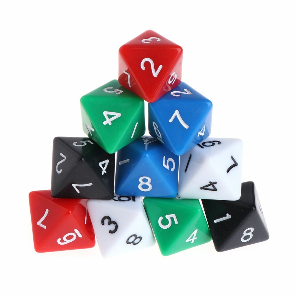 Игральные кости 8-гранные, акриловые кубики 15 мм, набор 10 шт с нумерацией и микс цветов, для настольных и ролевых игр, хобби и вечеров настолок