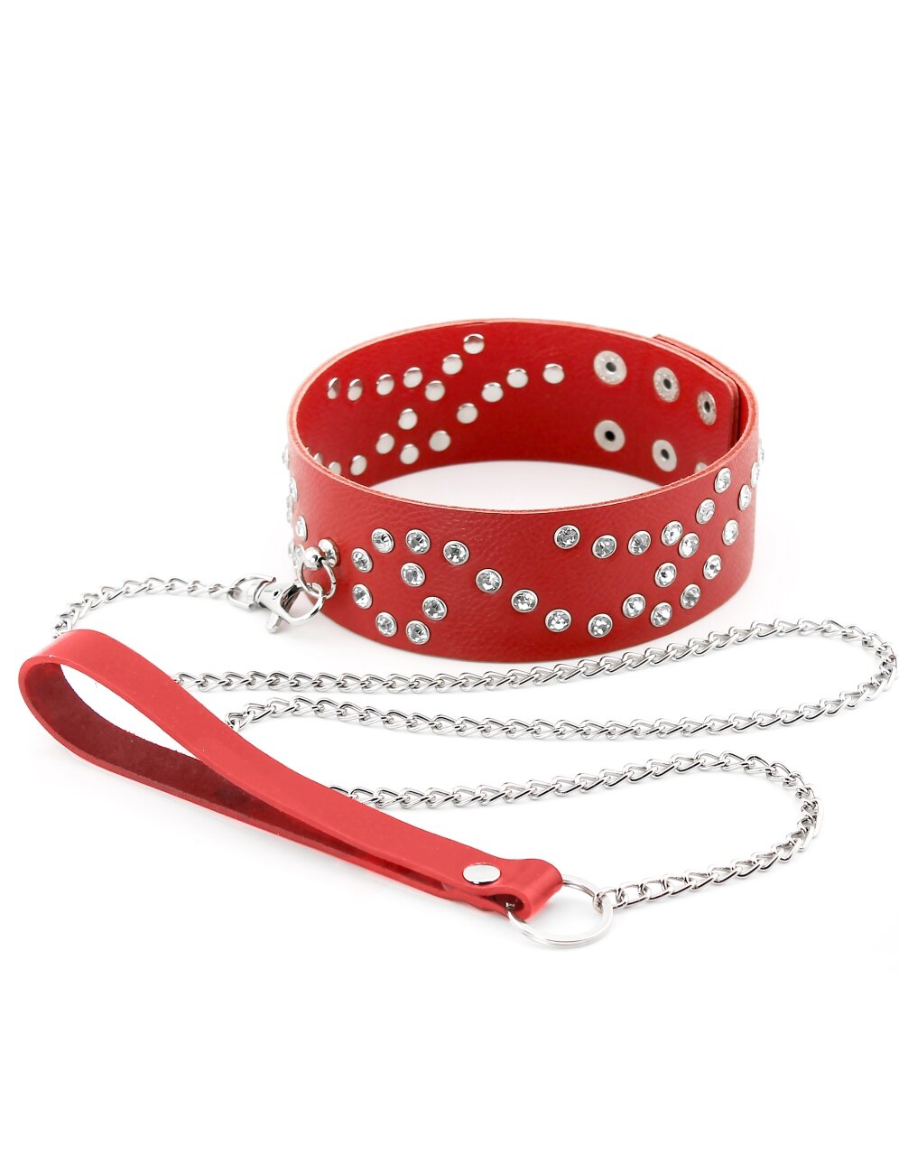 Ошейник мягкий широкий со стразами из двух слоев красной кожи