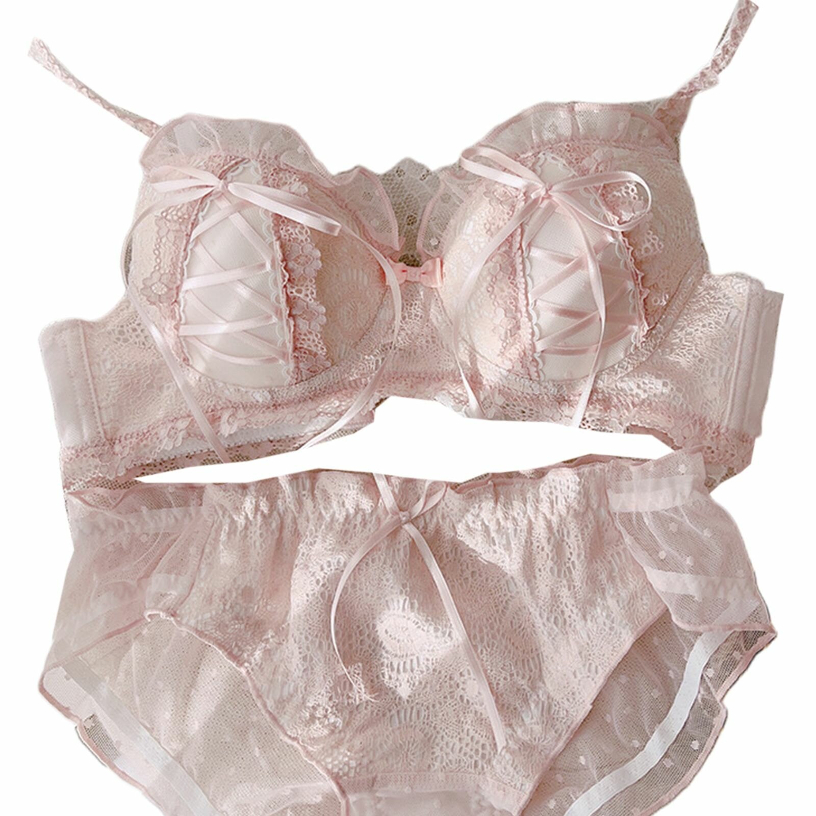Японский однотонный комплект бюстгальтера с кружевной вышивкой и оборками-розовый-L