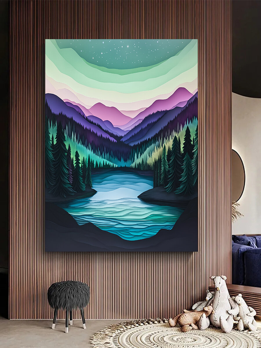 Картина 3Д на стену / природа, горы, солнце, лес, 40х60 см, киригами