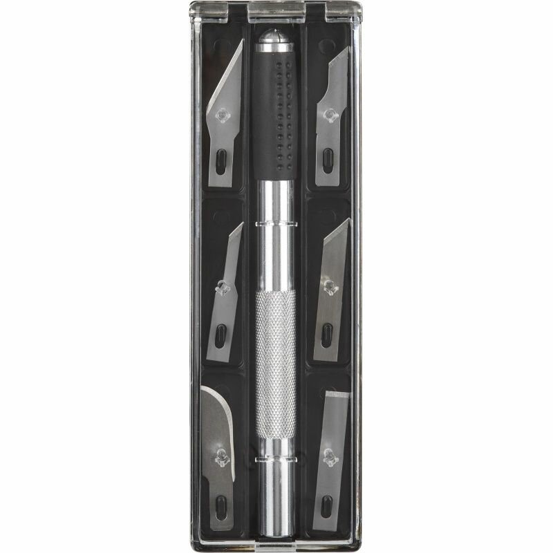 Нож макетный Topfort набор: нож металлический + TPR + 6 лезвий разного типа, пластиковый бокс