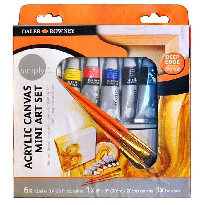 Набор акриловых красок SIMPLY Daler Rowney mini, холст 20x20 см, 6 цветов по 12 мл, 3 кисти