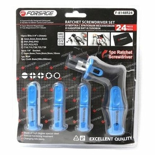 Отвертка угловая реверсивная с набором бит и головок,24пр.(PH:1,2,3, PZ:1,2,3, SL:3,4,5,6мм, T:10,15,20 FORSAGE F8148R24