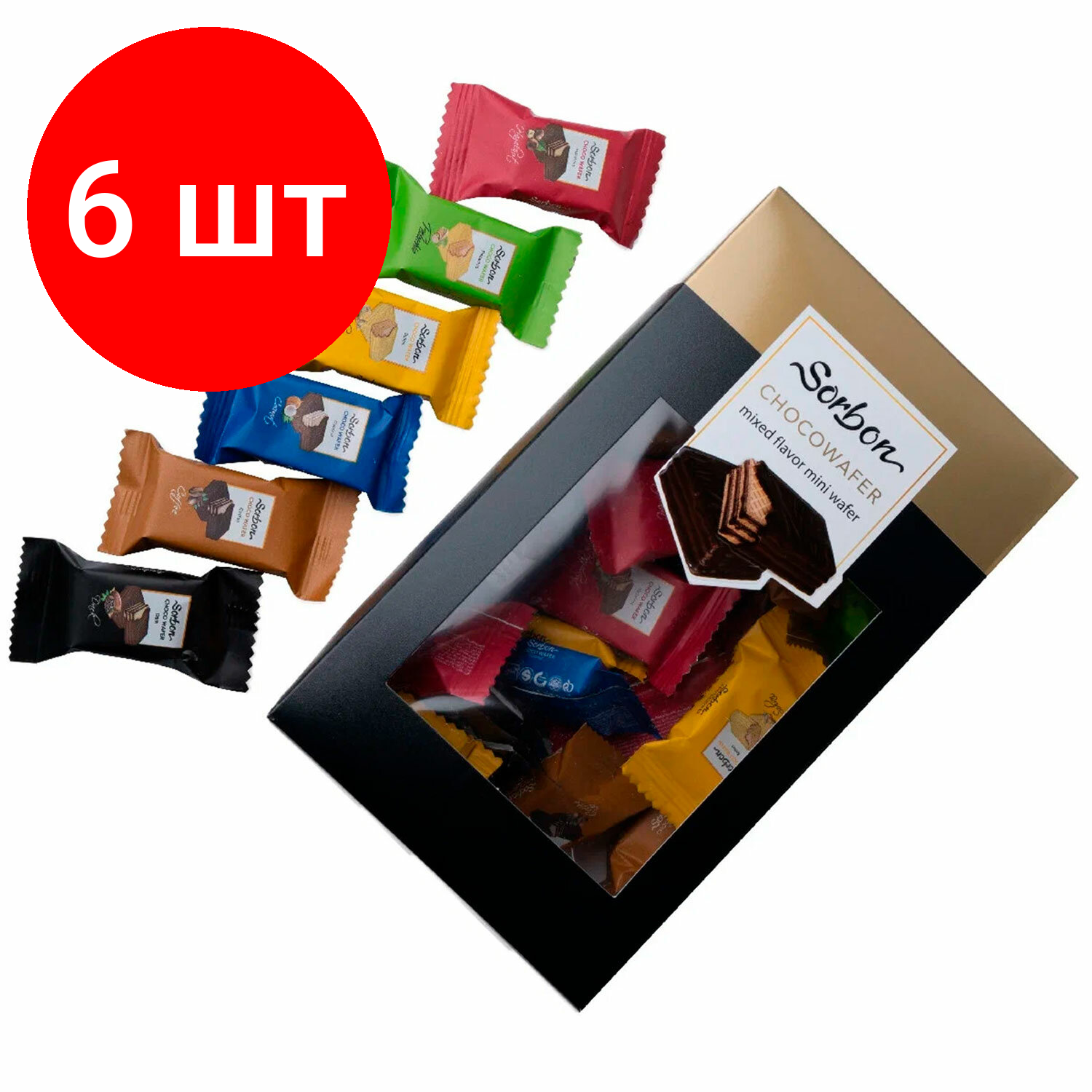 Комплект 6 шт, Конфеты мини-вафли в индивидуальной упаковке SORBON "Ассорти Радуга", 300 г