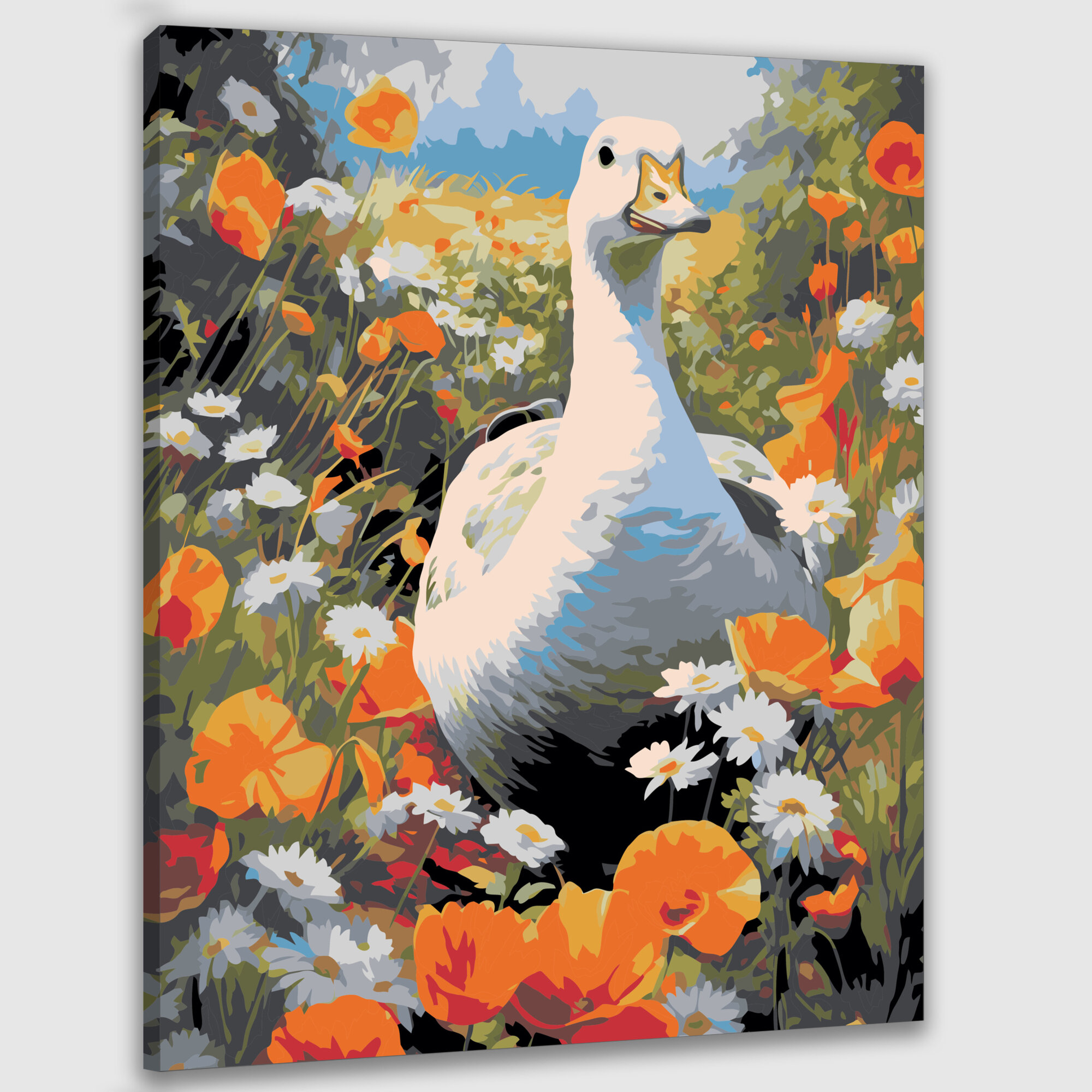 Картина по номерам 40x50 см, картина маслом, гусь, цветочный сад, контраст цветов, белые перья, насыщенные цвета