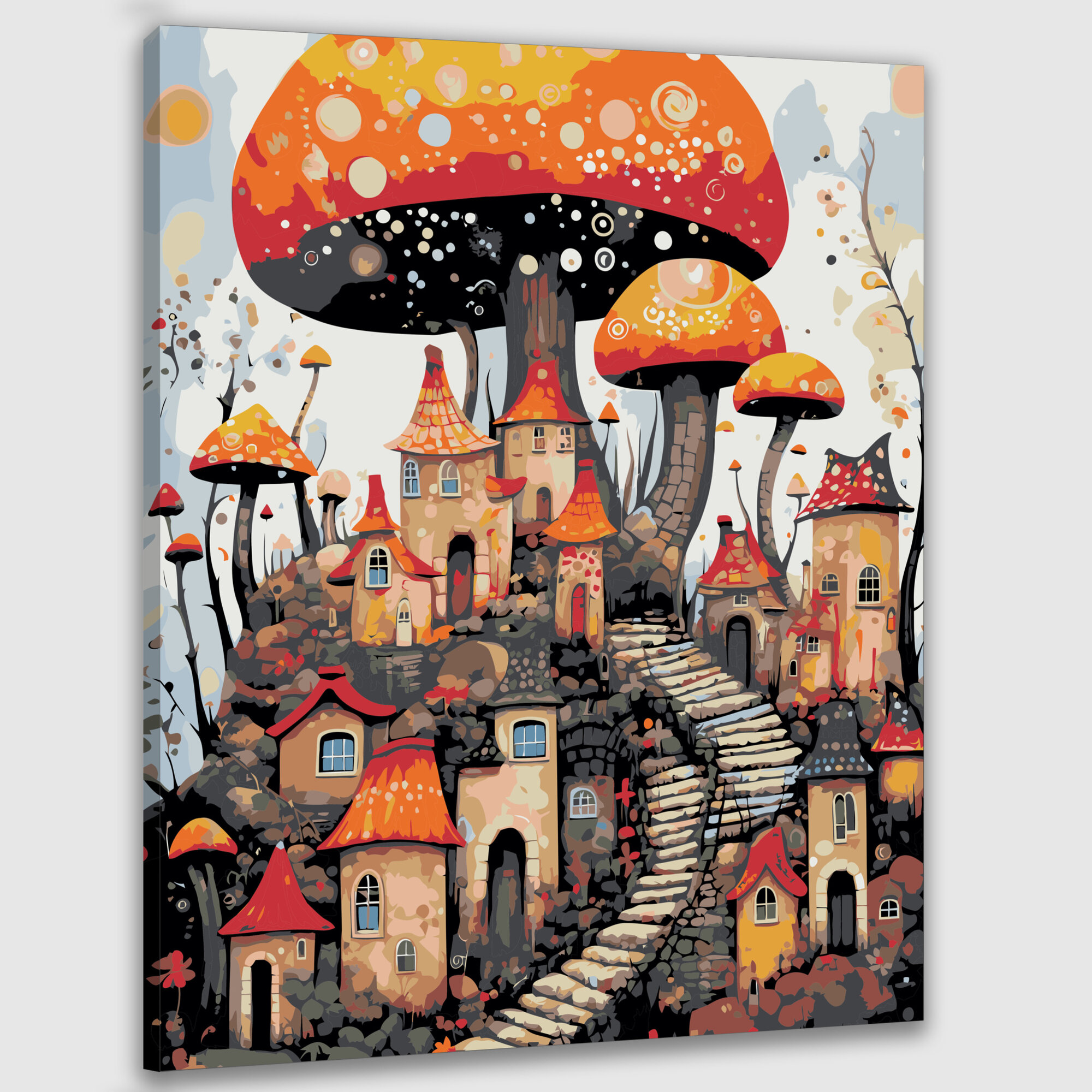 Картина по номерам 40x50 см, картина, искусство, смешанная техника, фантастическая деревня, грибы, деревья с лицами
